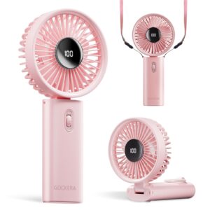 gockera portable fan, 100 speeds scrolling switch adjustable handheld fan with digital display, 4200mah foldable fan rechargeable, ultra-quiet 3 in 1 mini fan with buckle for outdoor indoor (pink)