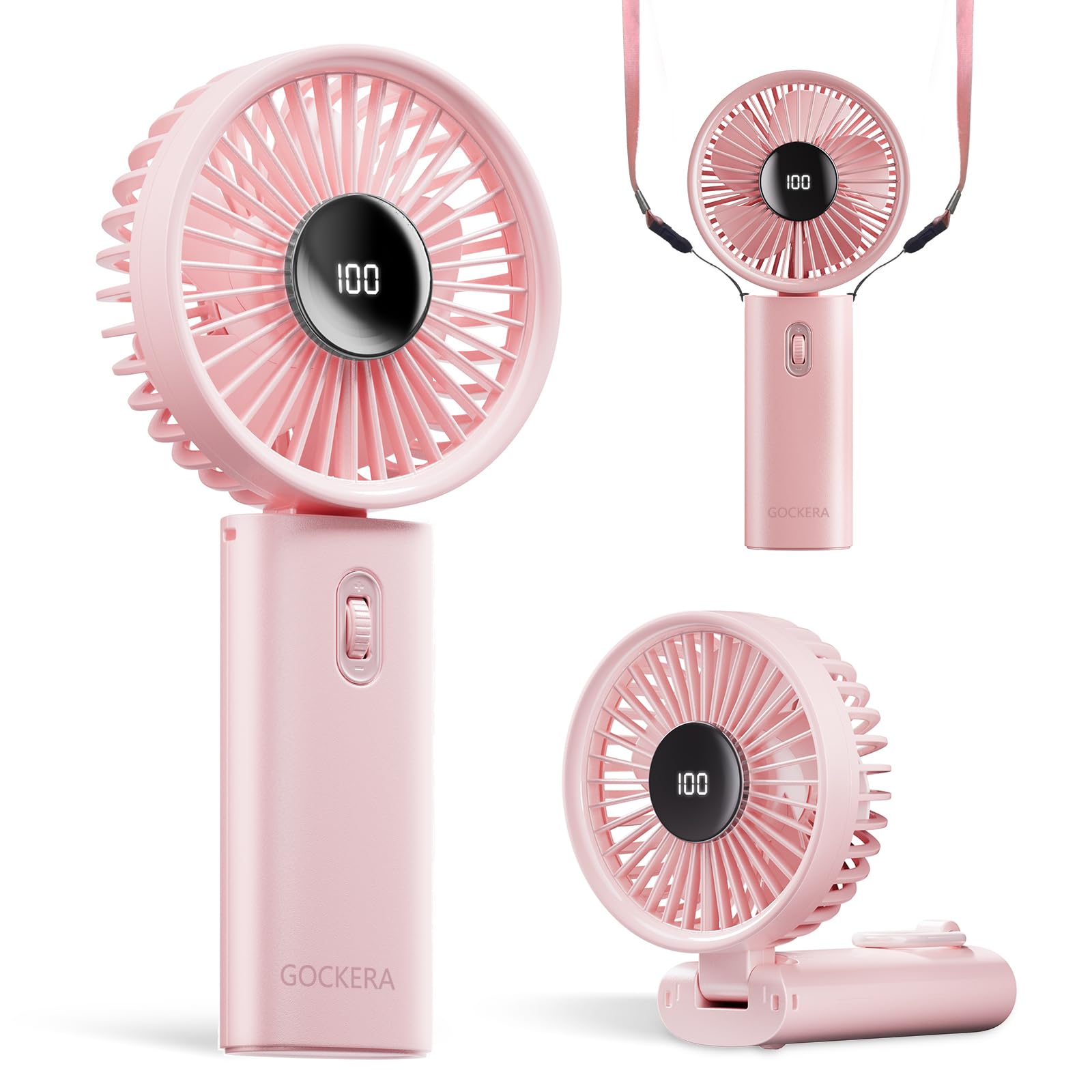 GOCKERA Portable Fan, 100 Speeds Scrolling Switch Adjustable Handheld Fan with Digital Display, 4200mAh Foldable fan Rechargeable, Ultra-quiet 3 In 1 Mini Fan With buckle for Outdoor Indoor (Pink)