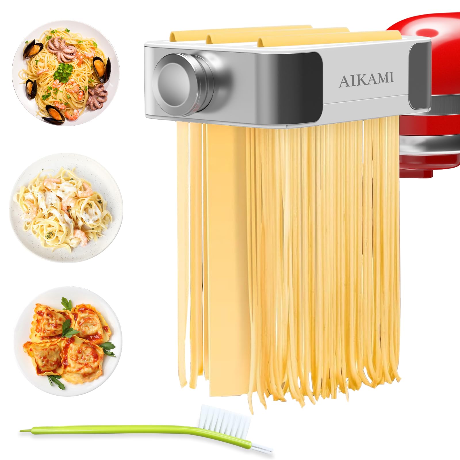 Metal Pasta Maker Attachment 3 in 1 Pasta Roller & Cutters Set for All KitchenAid Stand Mixers Included Pasta Sheet Roller, Spaghetti Cutter, Fettuccine Cutter Maker Accessories and Cleaning Brush