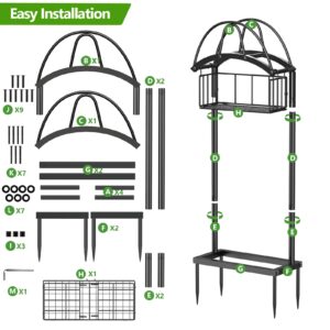 LIONONLY Garden Hose Holder, Freestanding Heavy Duty 4 Spikes Water Hose Holder with Storage Basket, 100-Feet Hose Hanger, Detachable Garden Hose Storage Hose Stand for Outside Yard, Black