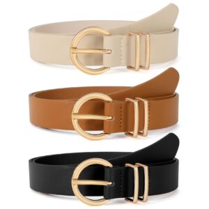 vonmelli 3 pack women's leather belts for jeans dresses ladies waist belt with fashion gold buckle black beige brown s