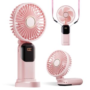 gockera portable fan, 4200mah battery operated fan, 5 speeds&digital display, 180° foldable makeup fan for women with base, handheld/neck/desk 3in1 fan for outdoor indoor,ultra quiet (pink)