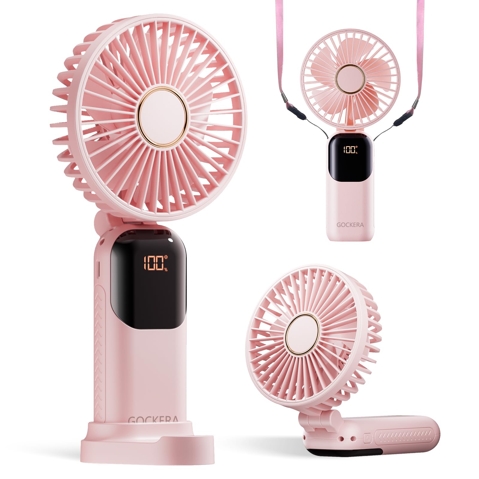 GOCKERA Portable Fan, 4200mAh Battery Operated Fan, 5 Speeds&Digital Display, 180° Foldable Makeup Fan for Women with Base, Handheld/Neck/Desk 3in1 Fan for Outdoor Indoor,Ultra Quiet (Pink)