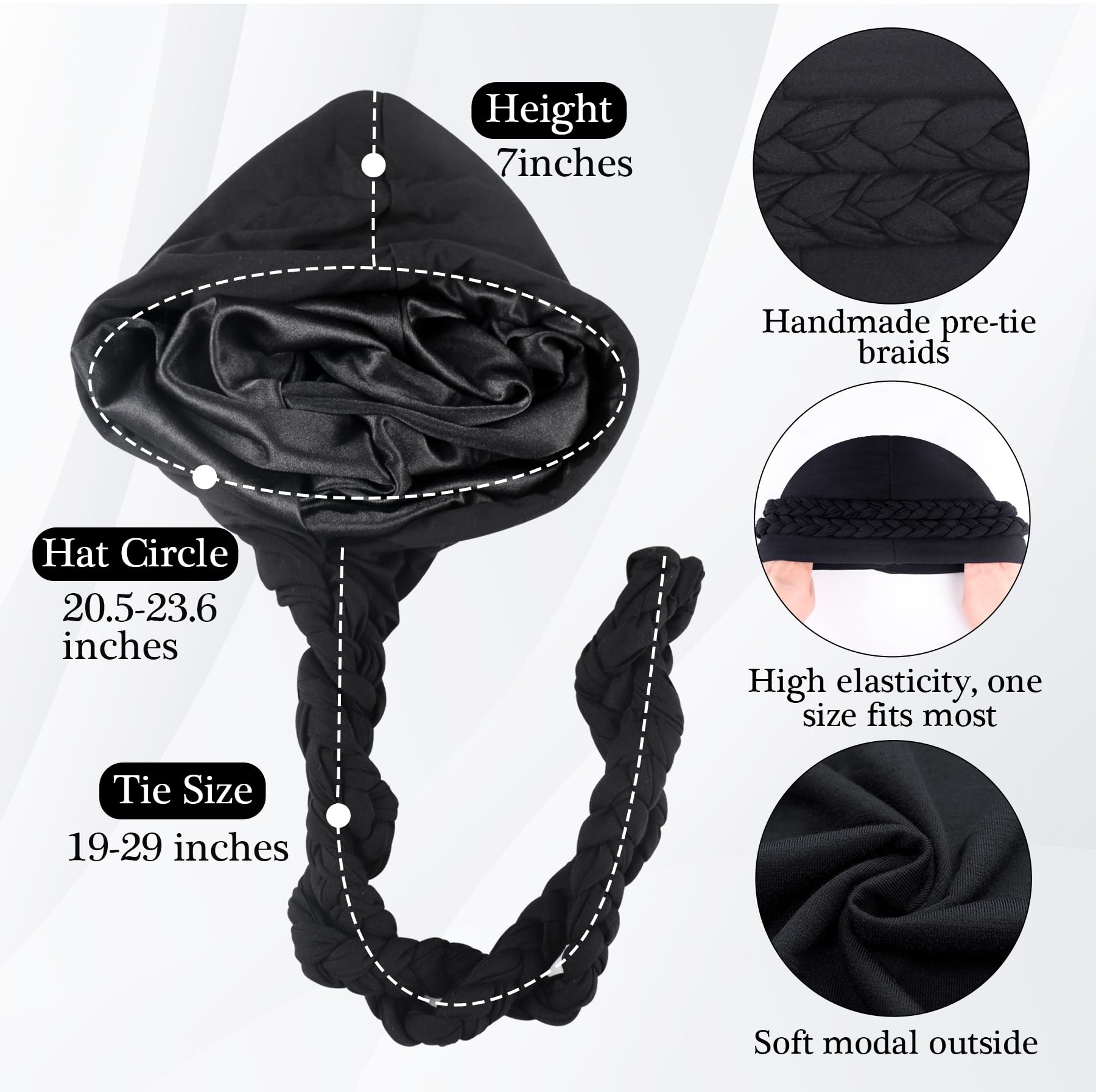 YI HENG MEI Satin Lined Halo Turban for Men Women Pre-Tied Handmade Braid Head Wraps Beanies Sleep Cap Bonnet Turbans Durag, Black, 1PCS