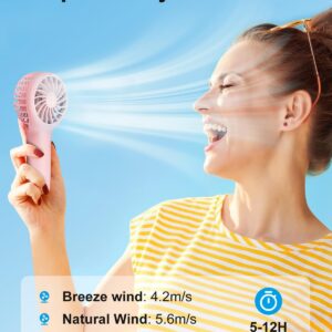 Zuvas Mini Portable Fan Rechargeable Small Handheld Fan 3 Speed Powerful Personal Fan Battery Operated USB Hand Fan for Outdoor Travel Makeup Eyelash Girls Children, Pink