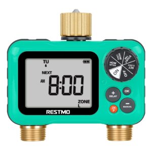 restmo sprinkler timer with brass inlet & outlet, 2 zone programmable water timer for garden hose, 3 separate programs hose timer, manual/rain delay/automatic watering for drip irrigation and lawn