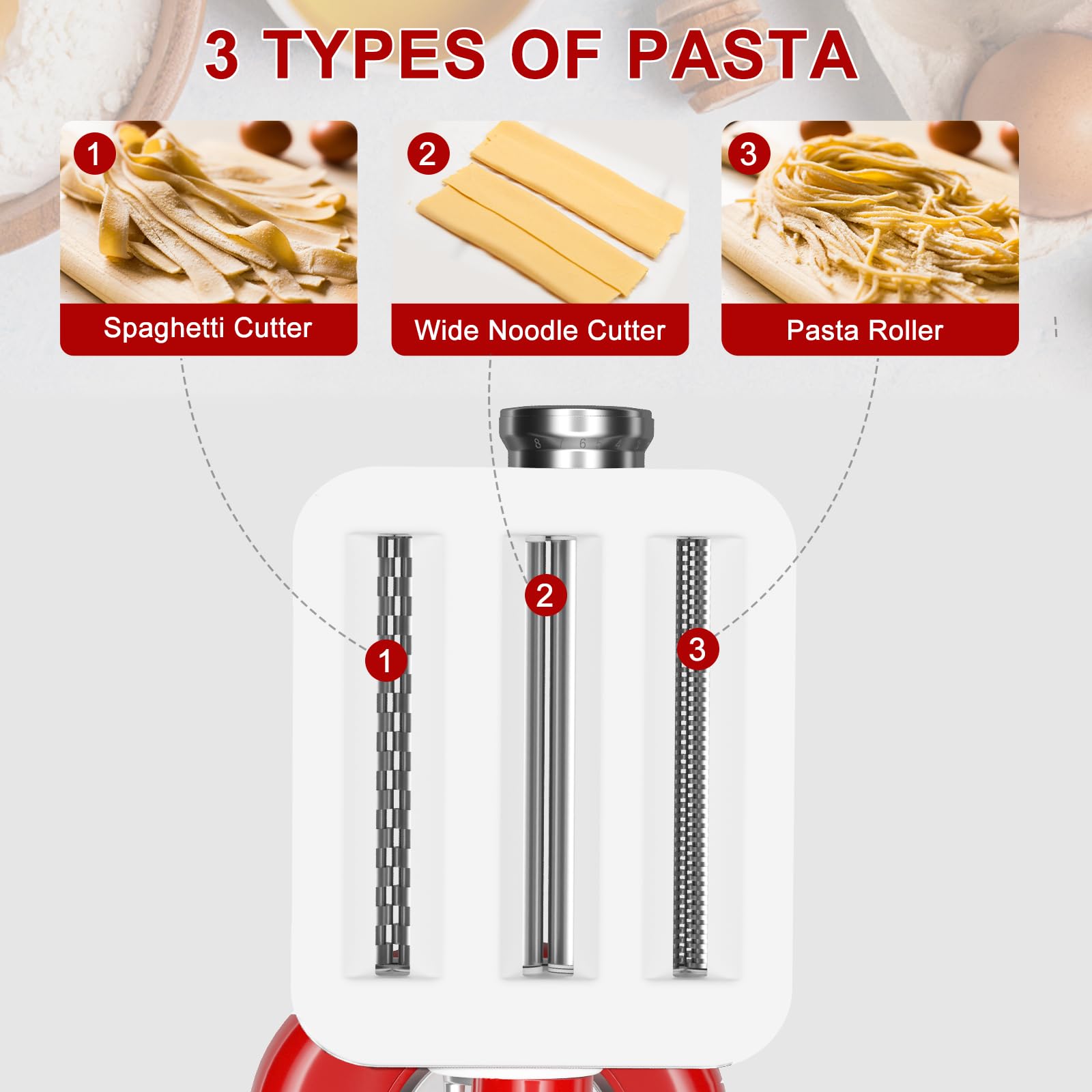 Metal Pasta Maker Attachment 3 in 1 Pasta Roller & Cutters Set for All KitchenAid Stand Mixers Included Pasta Sheet Roller, Spaghetti Cutter, Fettuccine Cutter Maker Accessories and Cleaning Brush