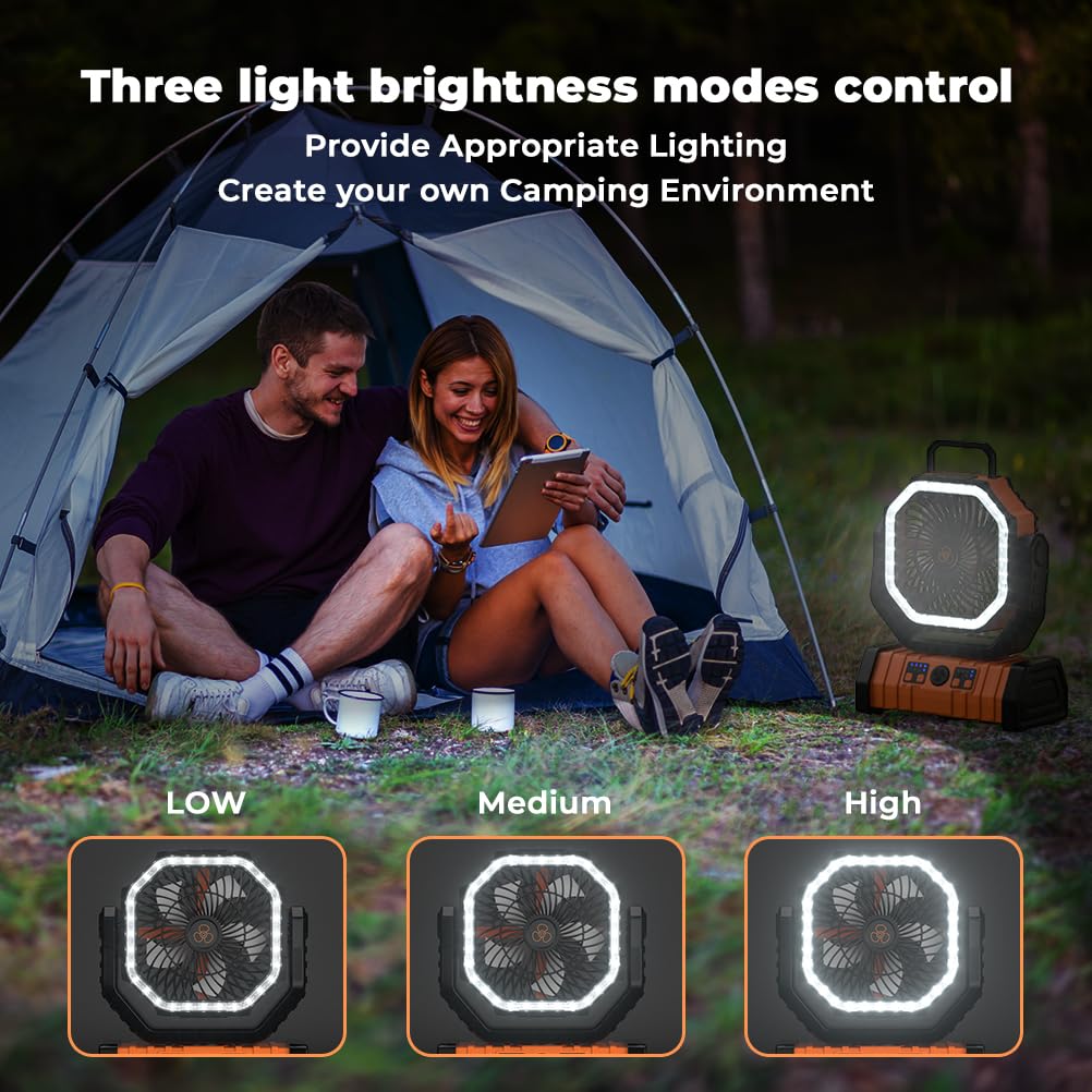 VOSFEEL Camping Fan - 20000mAh Battery Powered Fan Rechargeable with LED Lantern - Portable Outdoor Tent Fan with Hanging Hook 4 Speeds Wind Remote Control