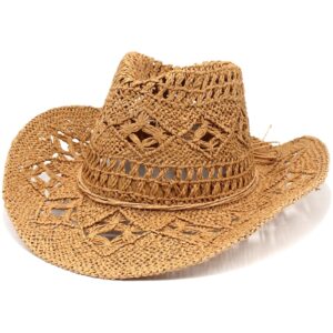 uyiqwcdfpk straw cowboy hats for women sparkly western cowgirl hat for holiday party foldable vacation beach sun hat with wide brim,brown