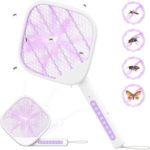 electric fly swatter racket fly zapper - powerful 4000v mosquito zapper racket & night bug zapper 2 modes, foldable hanging standing handheld rechargeable fly killer, 3-layer safe for humans pets