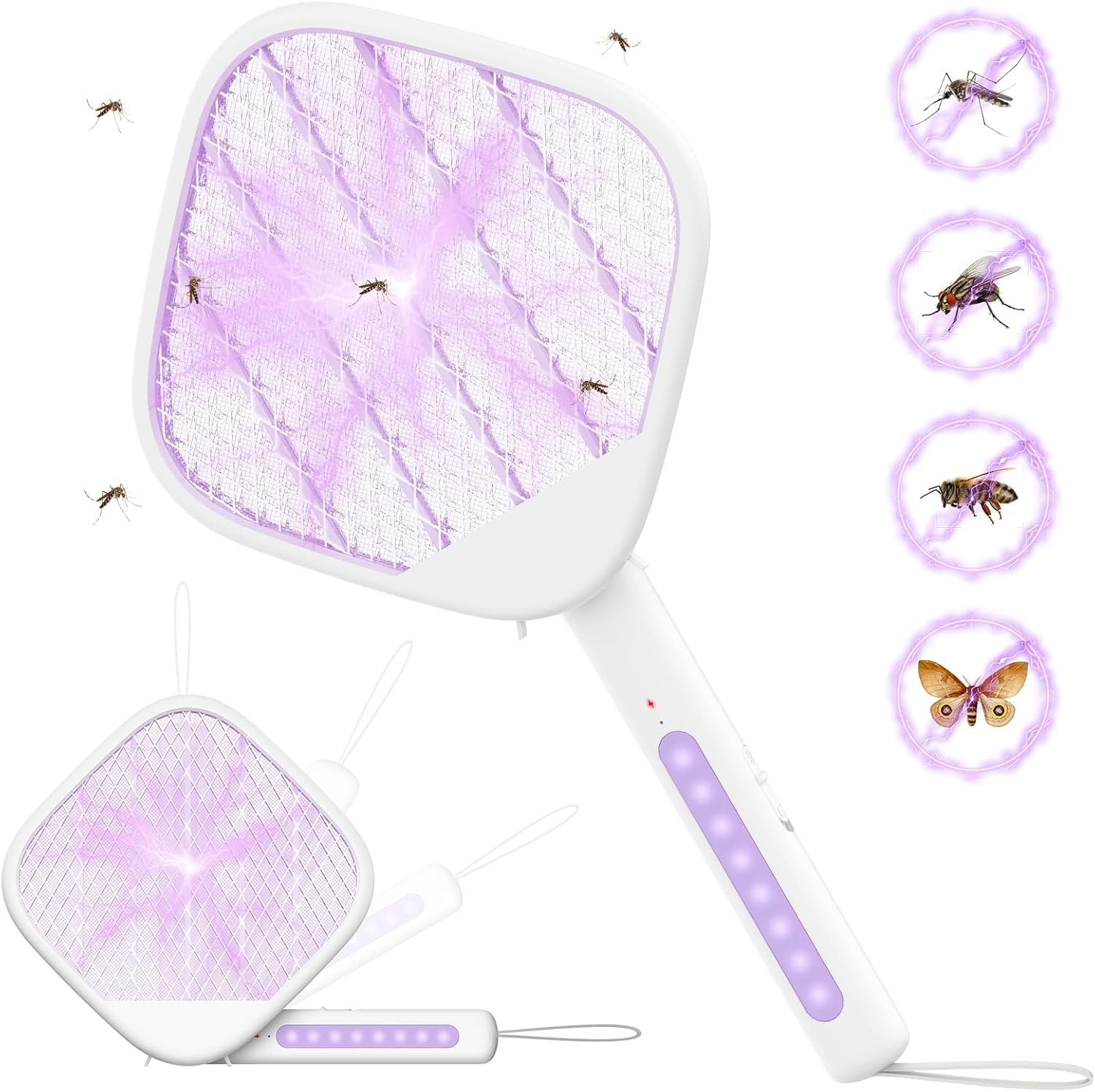 Electric Fly Swatter Racket Fly Zapper - Powerful 4000V Mosquito Zapper Racket & Night Bug Zapper 2 Modes, Foldable Hanging Standing Handheld Rechargeable Fly Killer, 3-Layer Safe for Humans Pets