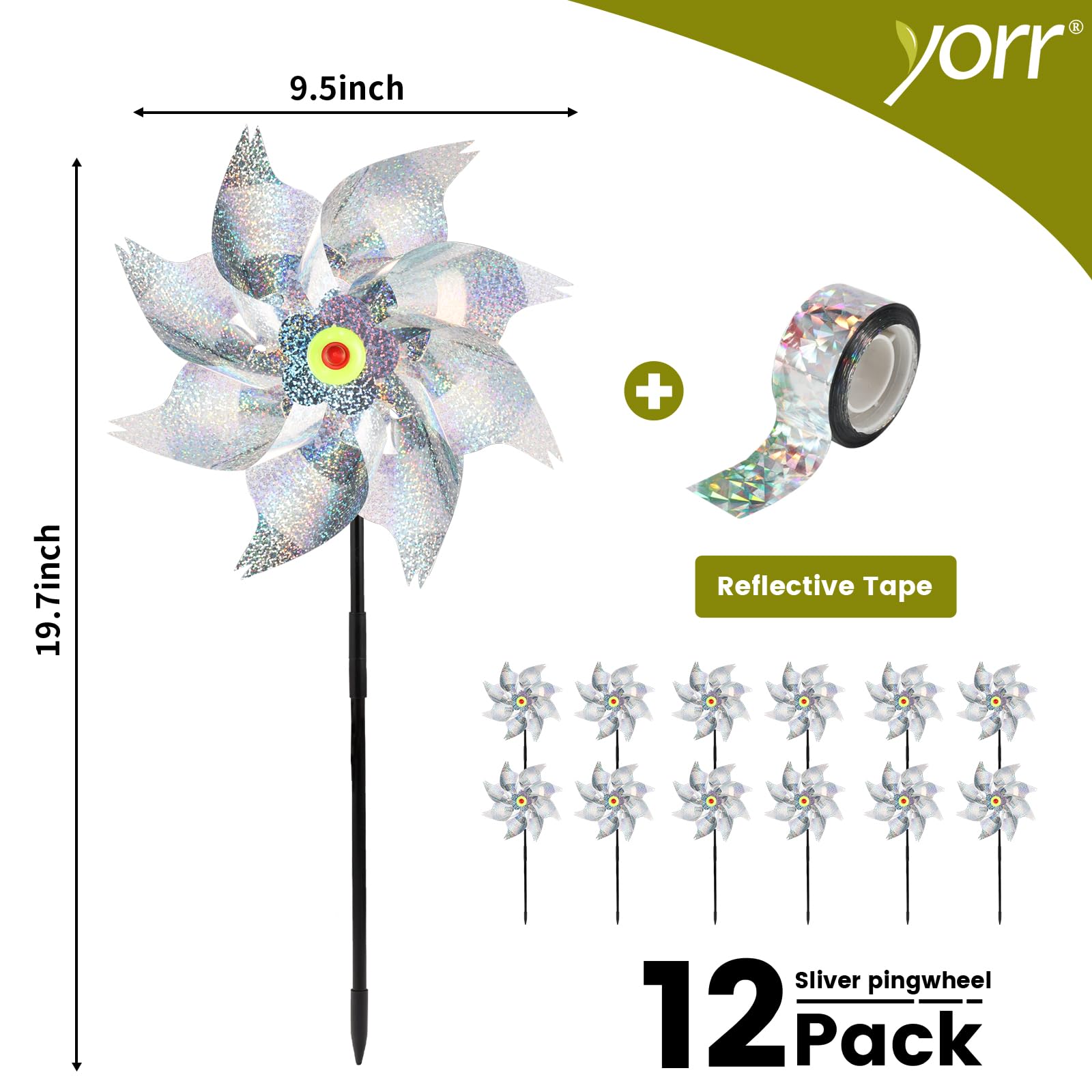 12Pack Pinwheels for Yard and Garden, Reflective Pinwheels to Scare Birds Away, Sparkly Sliver Pin Wheels with Bird Scare Tape for Outside (Pack of 12)