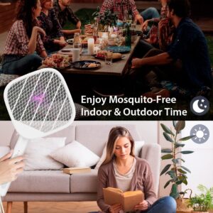 Electric Fly Swatter Racket Fly Zapper - Powerful 4000V Mosquito Zapper Racket & Night Bug Zapper 2 Modes, Foldable Hanging Standing Handheld Rechargeable Fly Killer, 3-Layer Safe for Humans Pets