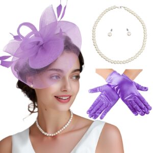 ms.ing women's kentucky derby fascinators tea party hat mesh floral feather hair clip headwear for wedding cocktail (purple)