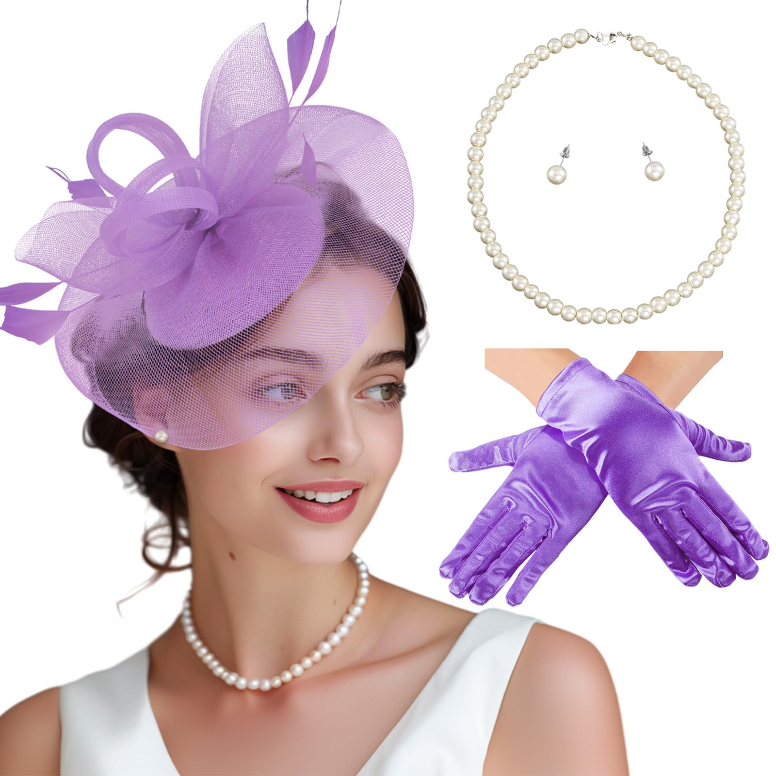 MS.ING Women's Kentucky Derby Fascinators Tea Party Hat Mesh Floral Feather Hair Clip Headwear for Wedding Cocktail (Purple)