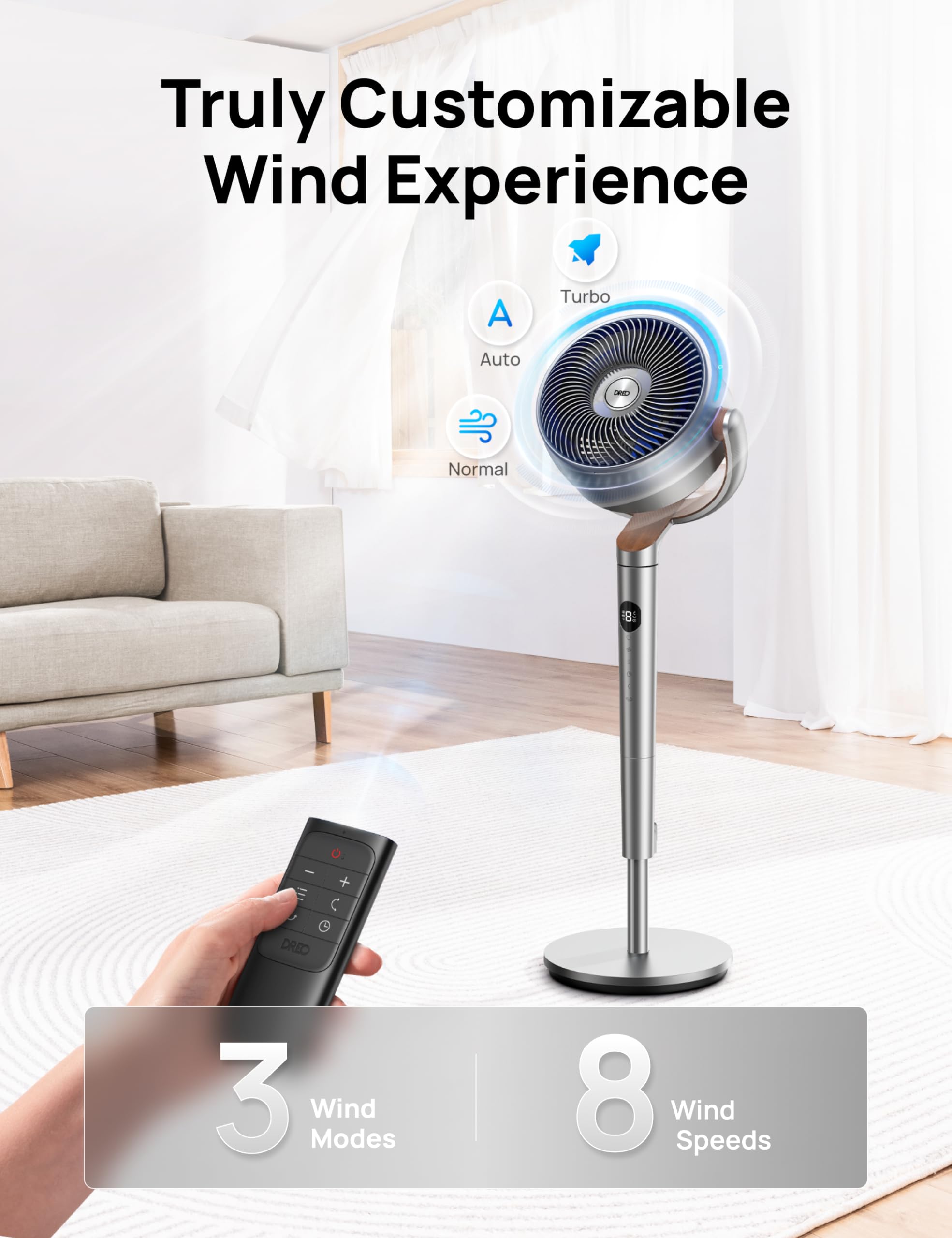 Dreo Standing Fan, 120°+120°Omni-directional Oscillating Fan For Bedroom, 80 ft Circulator With Remote, DC Motor Quiet Pedestal Fans, Adjustable Height, 8 Speeds, 3 Modes, 8H Timer, Home, PolyFan 502