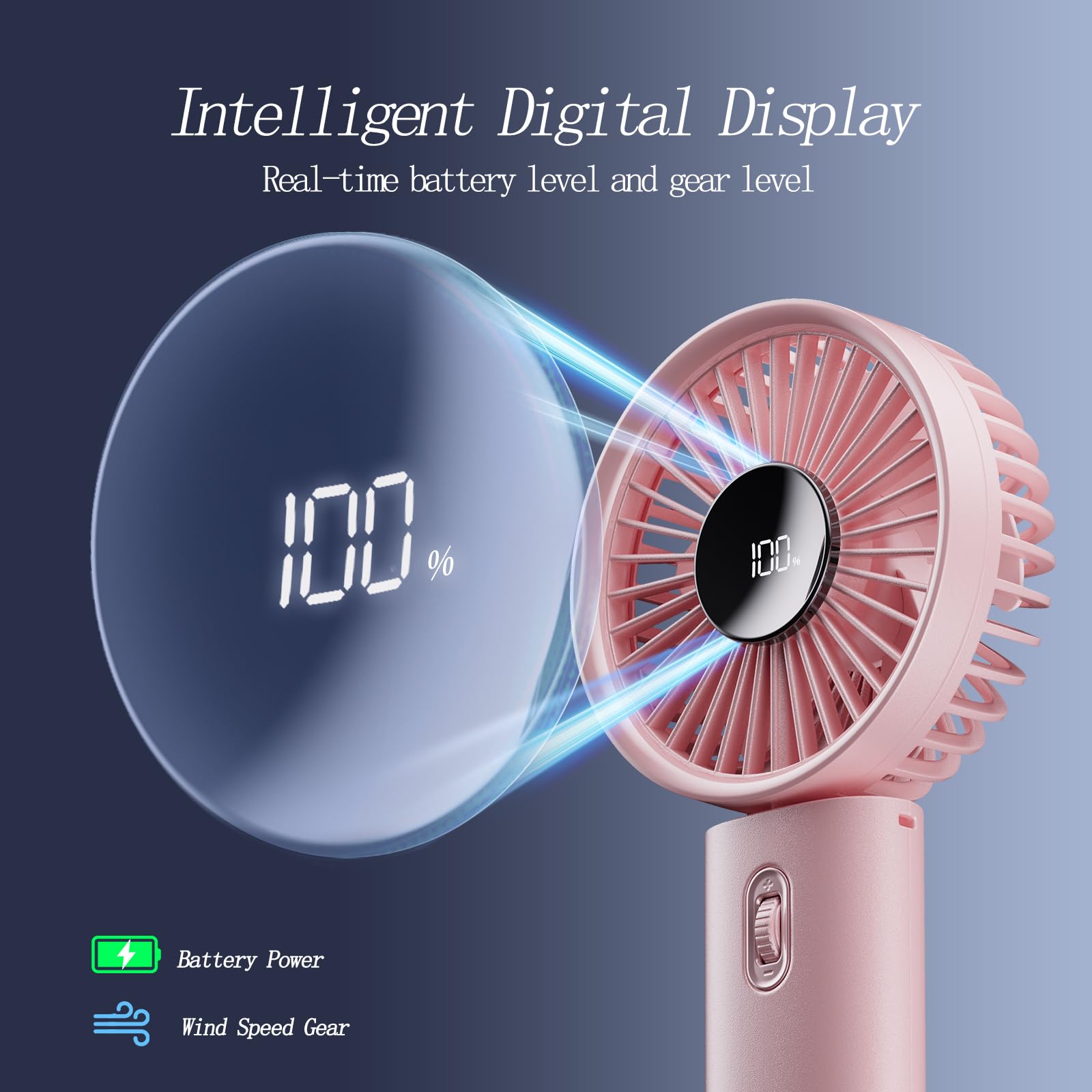 GOCKERA Portable Fan, 100 Speeds Scrolling Switch Adjustable Handheld Fan with Digital Display, 4200mAh Foldable fan Rechargeable, Ultra-quiet 3 In 1 Mini Fan With buckle for Outdoor Indoor (Pink)