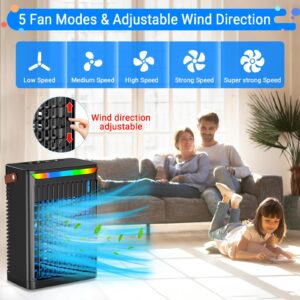 Portable Air Conditioner 5-In-1 AC Evaporative Air Cooler,Mobile Air Cooling Fan with 5 Wind Speeds & 2 Mist,Mini Personal Air Conditioning with Timer & 7 LED lights for Office Desk Bedroom-Black