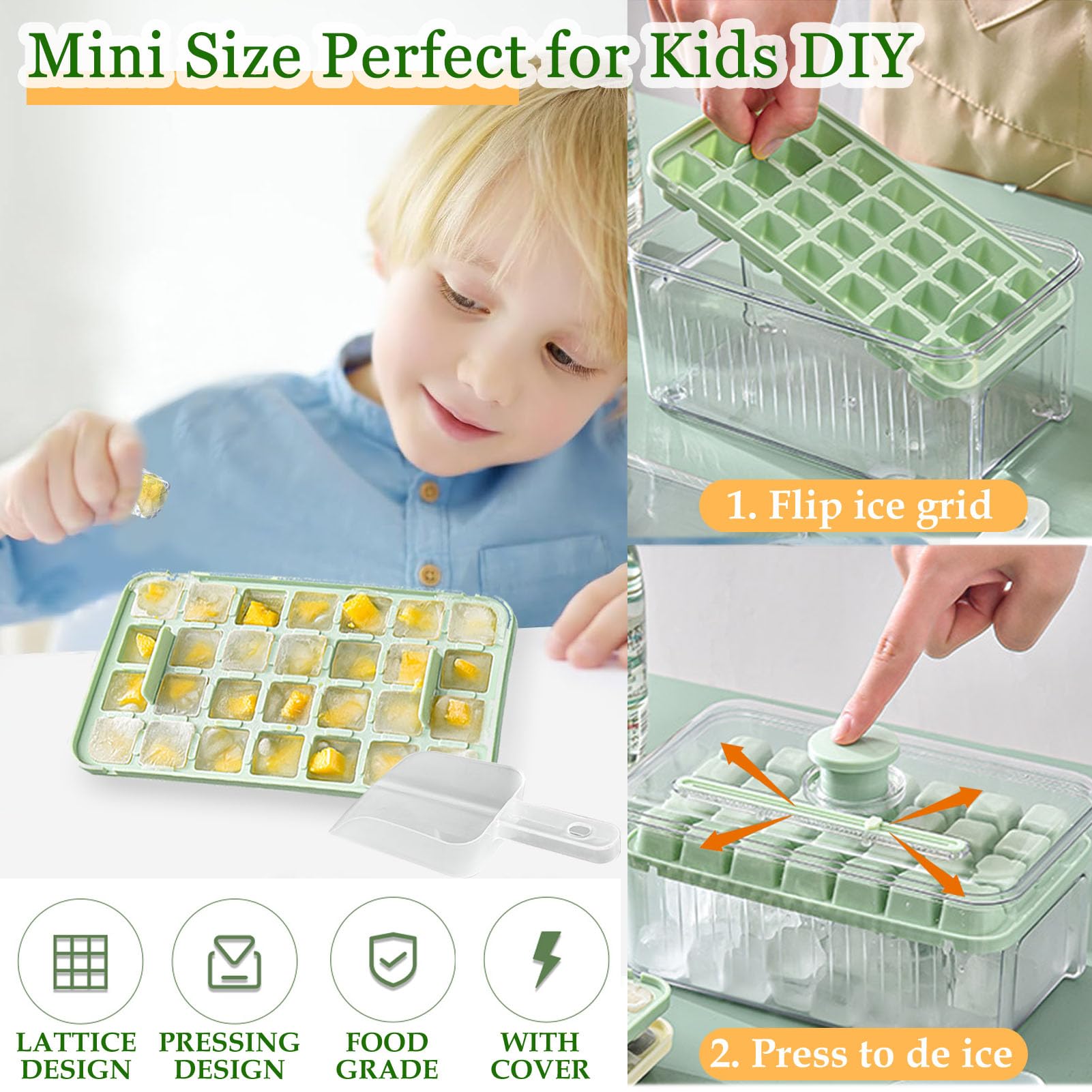 J.Y.Memorize Mini Ice Cube Trays for Freezer, Ice Cube Tray with Lid and Bin, 2 Pack 56 PCS Small Ice Cube Mold with Ice Scoop for Whiskey, Cocktail, Coffee and Kids DIY