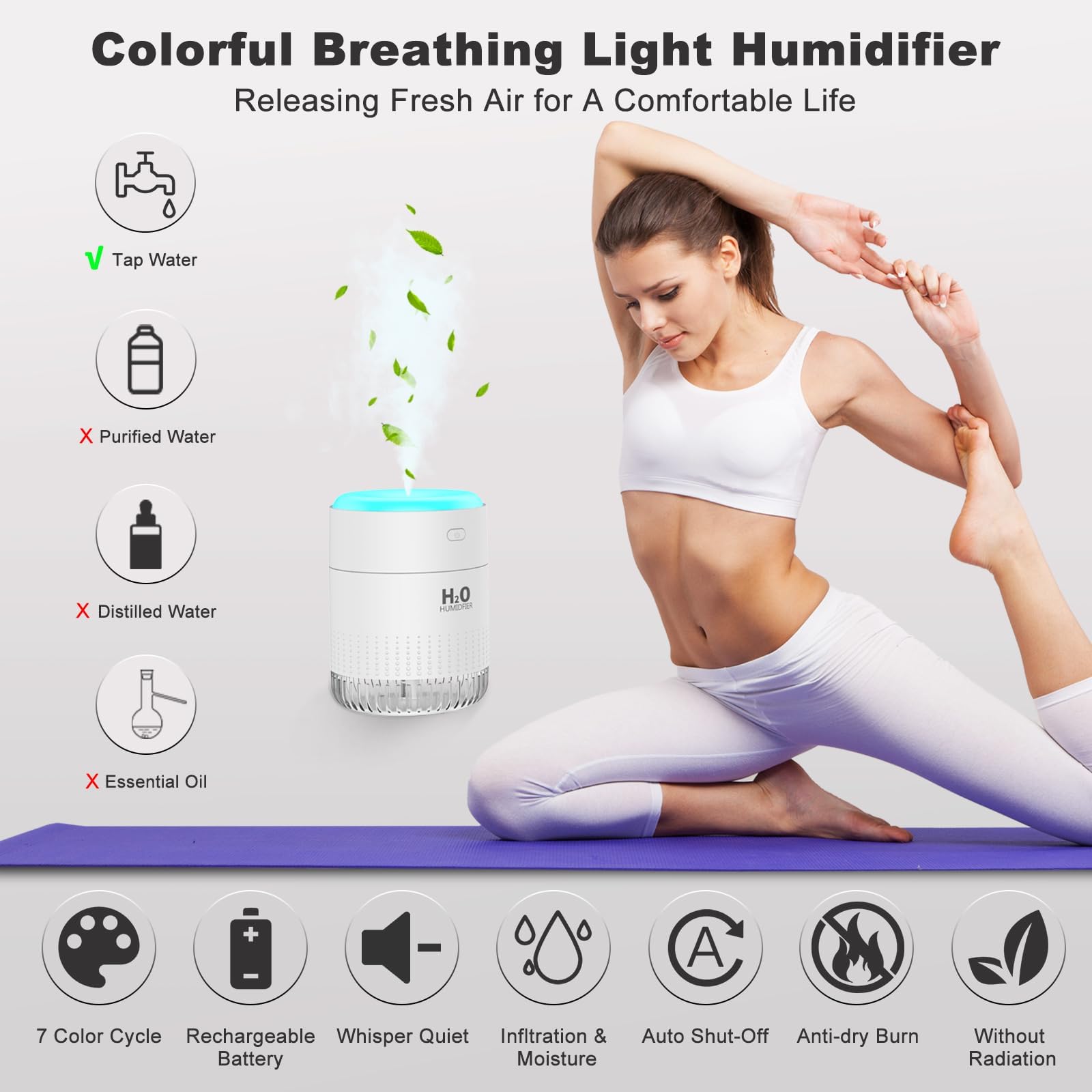 Rechargeable Mini Humidifier, Colorful Cool Mist Humidifier with 7 Color Light, Small Personal Desktop Humidifier for Baby Bedroom, Office, Nursery, Travel with Auto Shut-Off, Super Quiet (White)