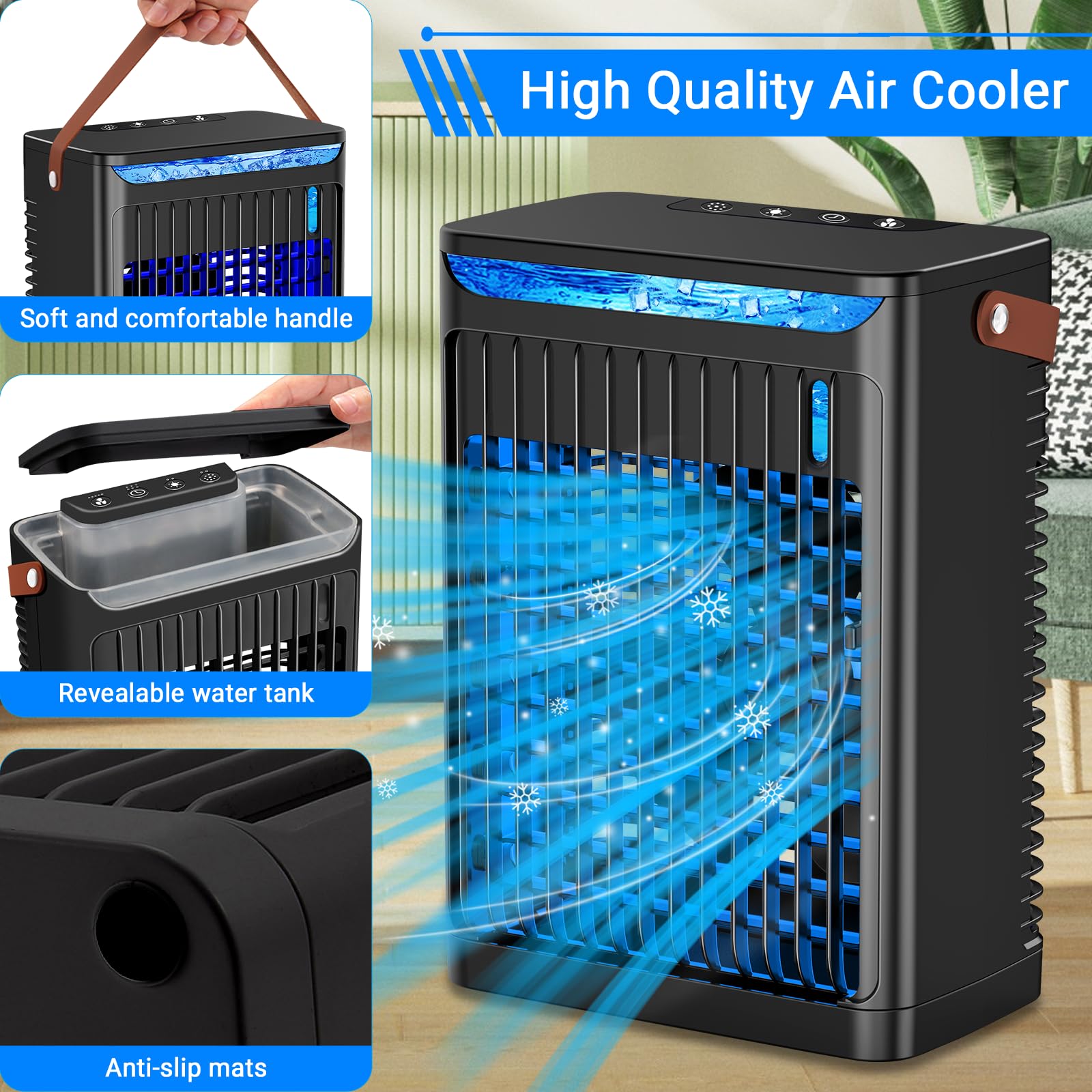 Portable Air Conditioner 5-In-1 AC Evaporative Air Cooler,Mobile Air Cooling Fan with 5 Wind Speeds & 2 Mist,Mini Personal Air Conditioning with Timer & 7 LED lights for Office Desk Bedroom-Black