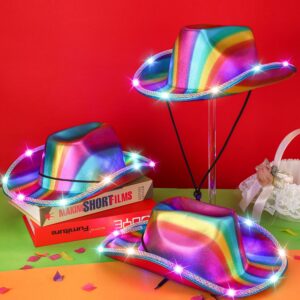 Halfchet 3 Pcs Rainbow Pride Light up LED Cowboy Hat LGBTQ Cowboy Cowgirl Hat for Gay Pride Events Pride Party Supplies