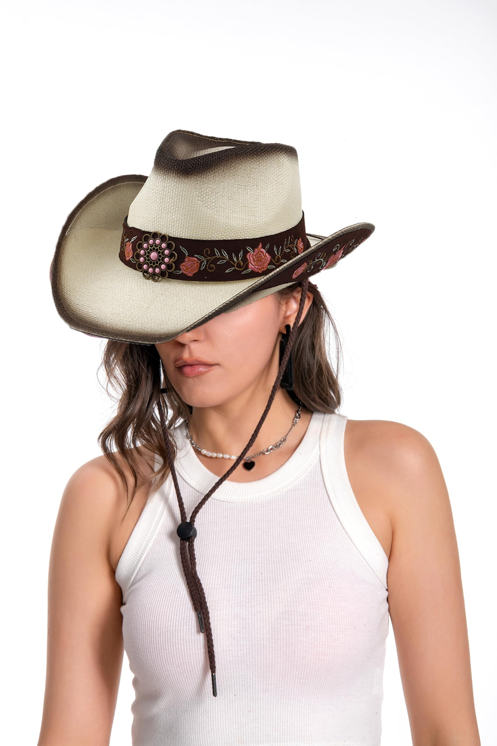 Cowboy Hats for Women, Brown Cowgirl Hats Classic Straw Western Hats for Women Music Festival Party Beach.