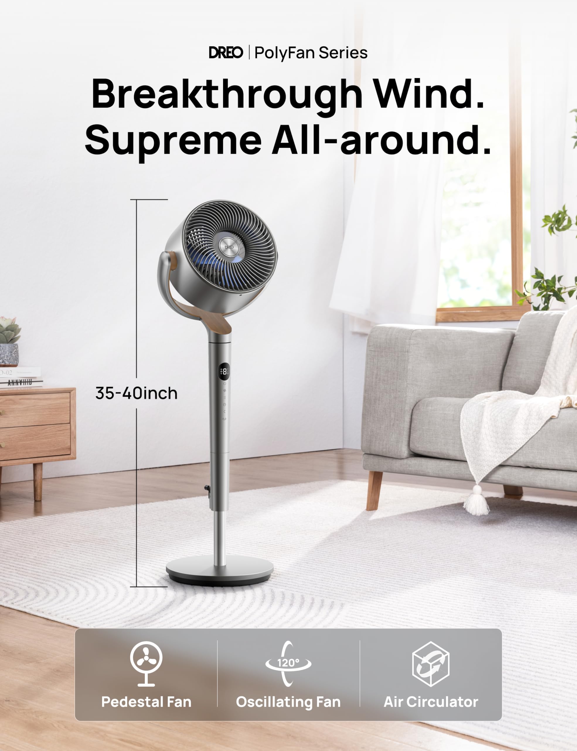 Dreo Standing Fan, 120°+120°Omni-directional Oscillating Fan For Bedroom, 80 ft Circulator With Remote, DC Motor Quiet Pedestal Fans, Adjustable Height, 8 Speeds, 3 Modes, 8H Timer, Home, PolyFan 502