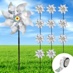 12Pack Pinwheels for Yard and Garden, Reflective Pinwheels to Scare Birds Away, Sparkly Sliver Pin Wheels with Bird Scare Tape for Outside (Pack of 12)