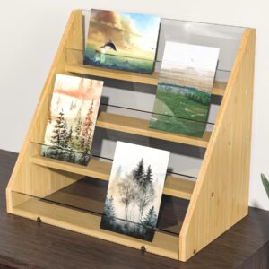 nihome 4-tier bamboo & acrylic greeting card display stand for cards, photos, postcards - durable stylish showcase organizer with high-transparency panels for home, wedding, birthday decor & keepsakes