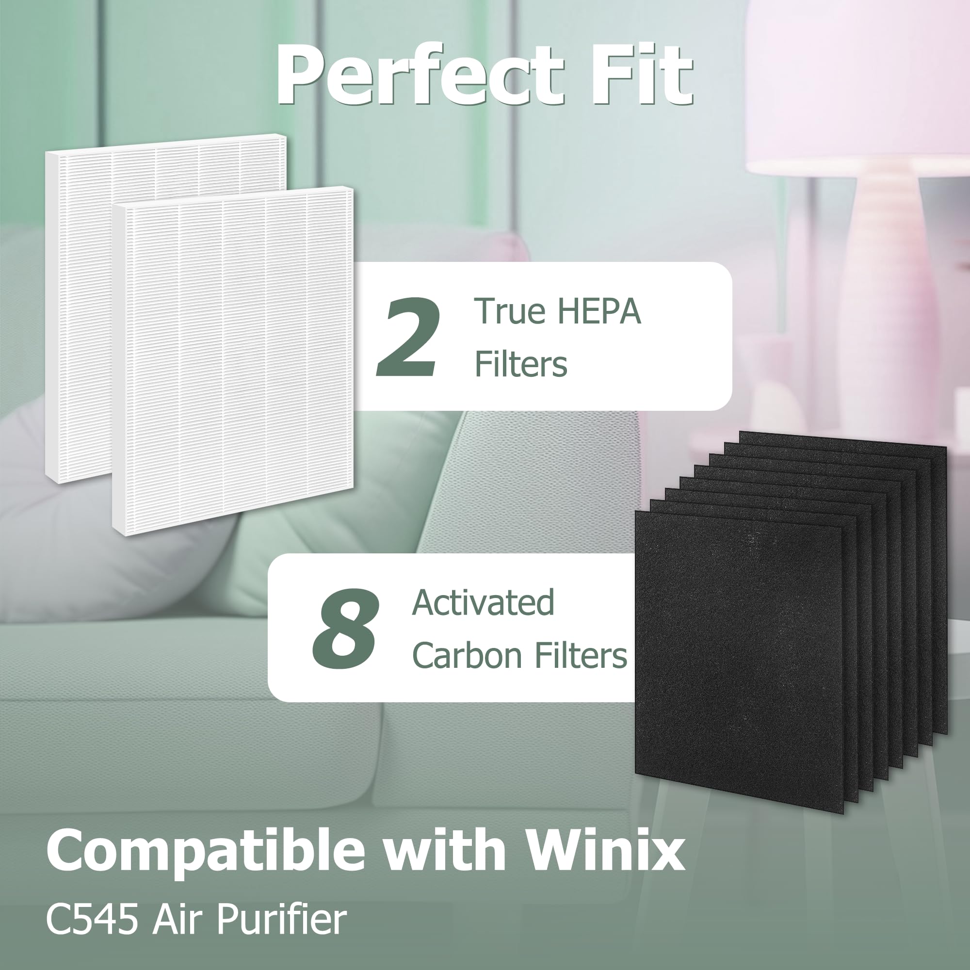 Improvedhand C545 Replacement Filter S Compatible with Winix C545 Air Purifier, 2 Pack H13 True High Efficiency Filter and 8 Pack Activated Carbon Filter