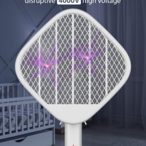 Electric Fly Swatter Racket Fly Zapper - Powerful 4000V Mosquito Zapper Racket & Night Bug Zapper 2 Modes, Foldable Hanging Standing Handheld Rechargeable Fly Killer, 3-Layer Safe for Humans Pets