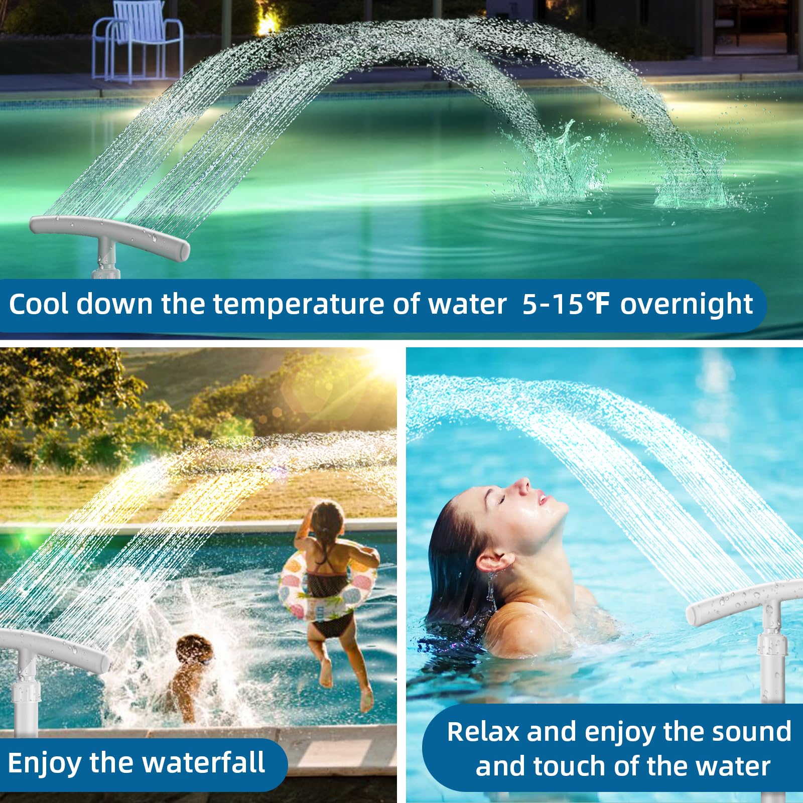 Pool Fountain for Above and In-Ground Pools, Dual Spray Pool Waterfall Fountain, 360°Adjustable Waterfall Pool Sprinkler Fountain for Cooling & Relaxation, Above and In-Ground Pool Accessories