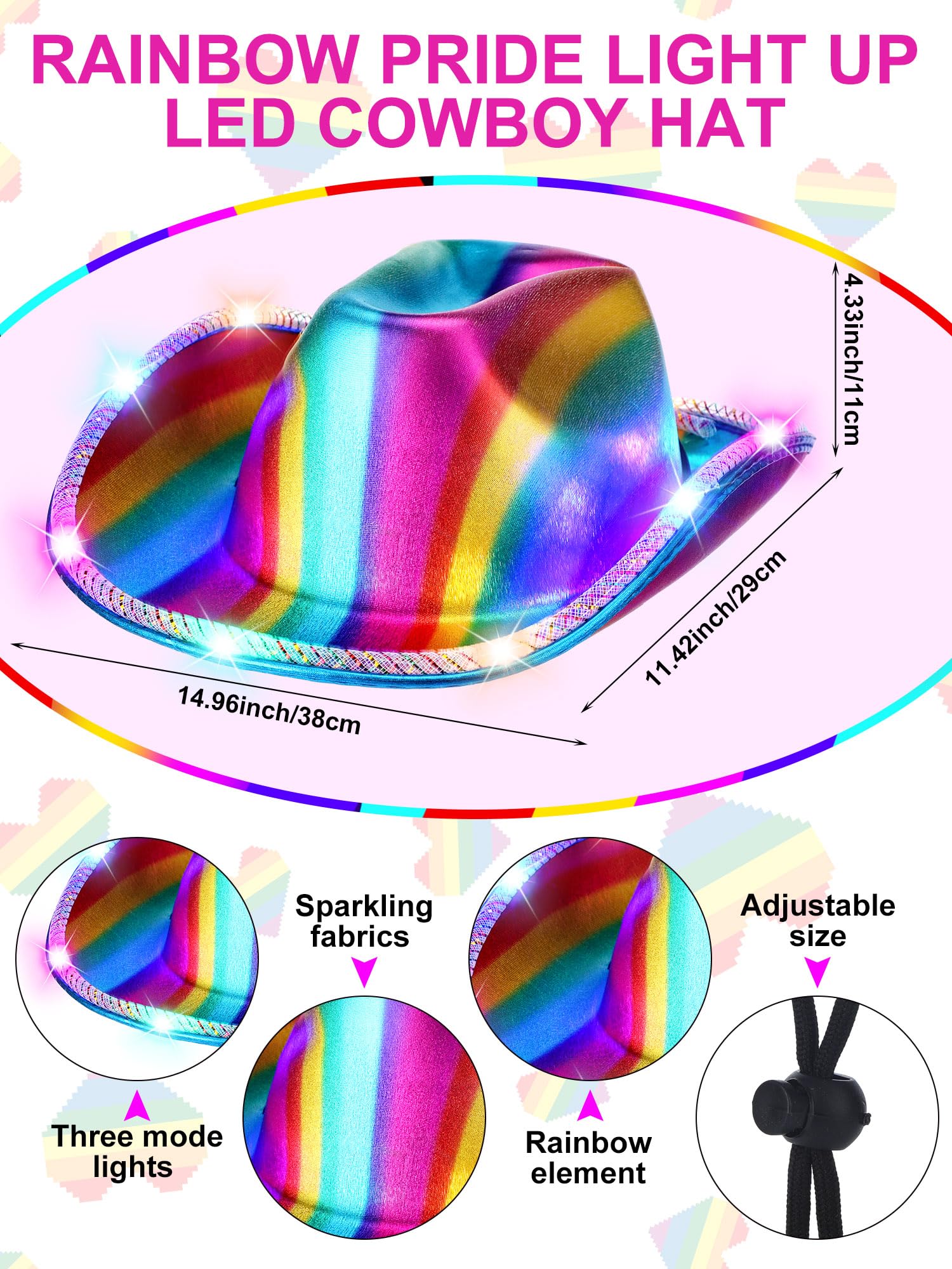 Halfchet 3 Pcs Rainbow Pride Light up LED Cowboy Hat LGBTQ Cowboy Cowgirl Hat for Gay Pride Events Pride Party Supplies