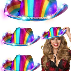 Halfchet 3 Pcs Rainbow Pride Light up LED Cowboy Hat LGBTQ Cowboy Cowgirl Hat for Gay Pride Events Pride Party Supplies