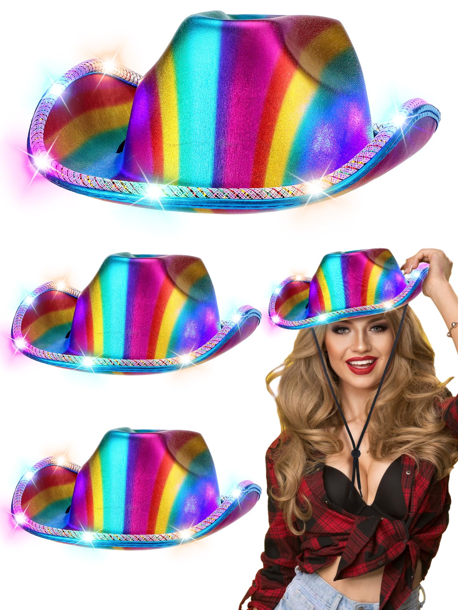 Halfchet 3 Pcs Rainbow Pride Light up LED Cowboy Hat LGBTQ Cowboy Cowgirl Hat for Gay Pride Events Pride Party Supplies