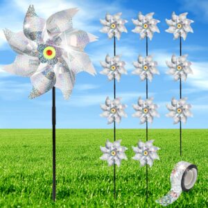 12pack pinwheels for yard and garden, reflective pinwheels to scare birds away, sparkly sliver pin wheels with bird scare tape for outside (pack of 12)