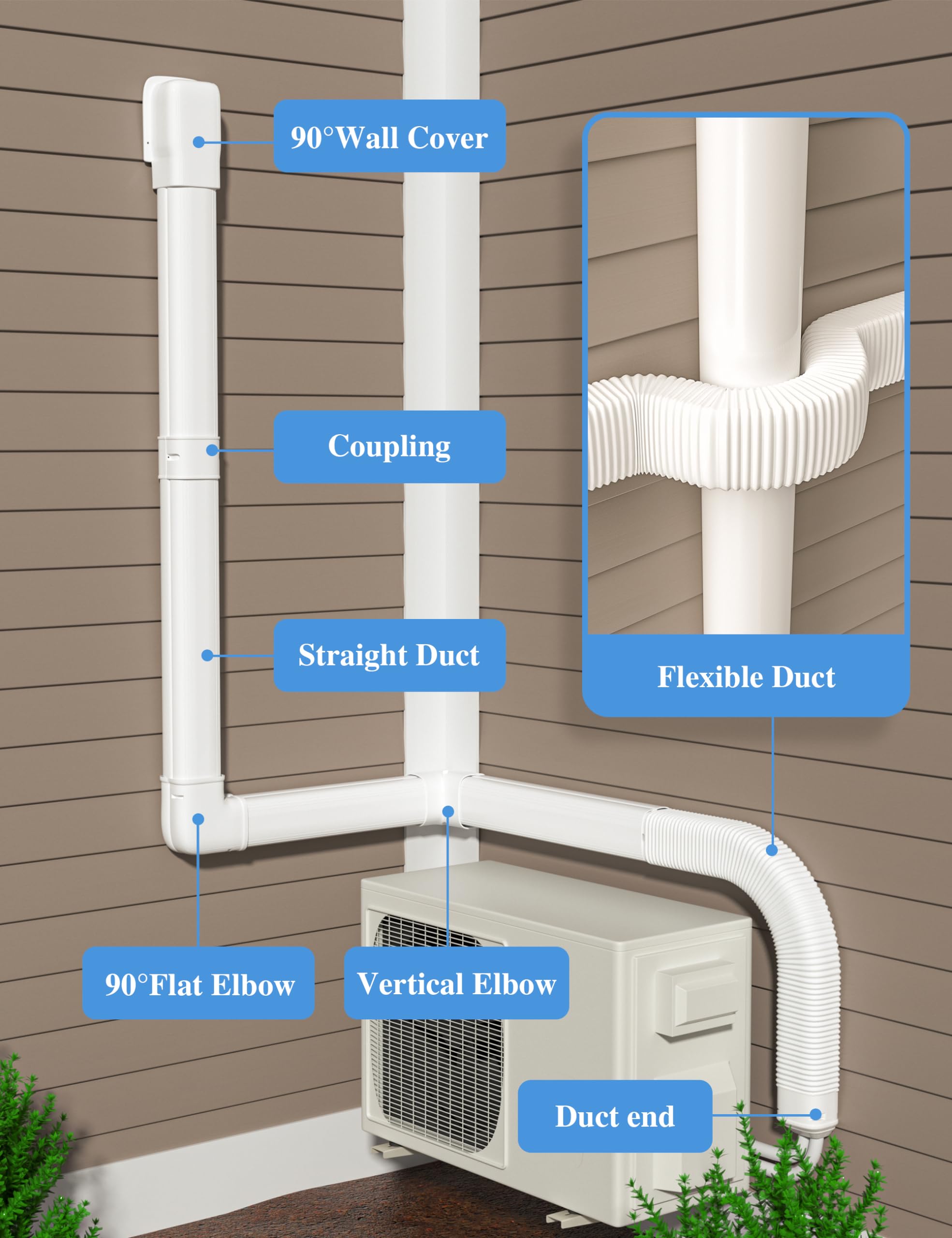 WEETALL 4'' 16 Ft Mini Split Line Set Cover with Flexible Pipe, Upgrade PP Heat-Resistant & Paintable, Central AC and Heat Pumps-Full Set, No Other Parts Needed