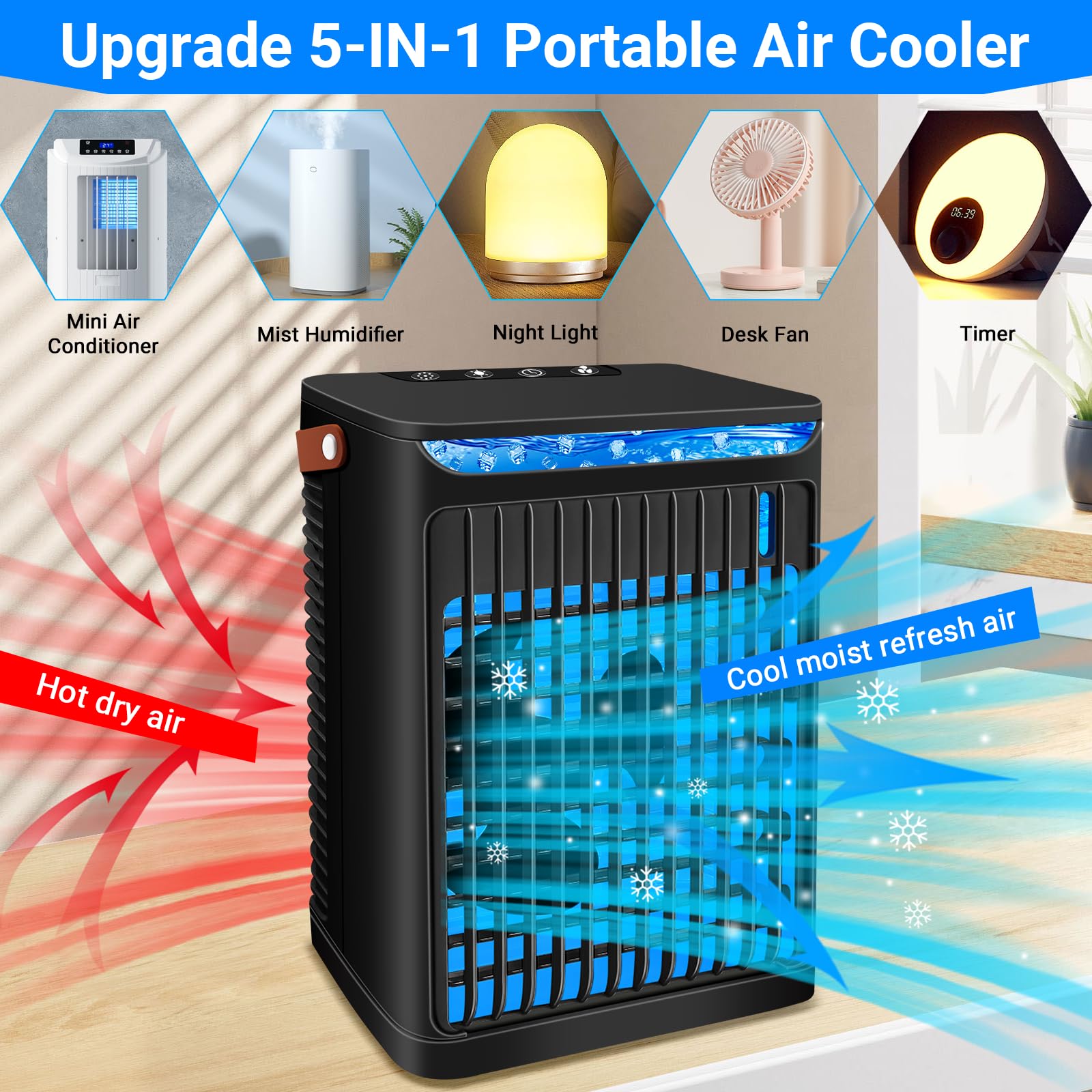 Portable Air Conditioner 5-In-1 AC Evaporative Air Cooler,Mobile Air Cooling Fan with 5 Wind Speeds & 2 Mist,Mini Personal Air Conditioning with Timer & 7 LED lights for Office Desk Bedroom-Black