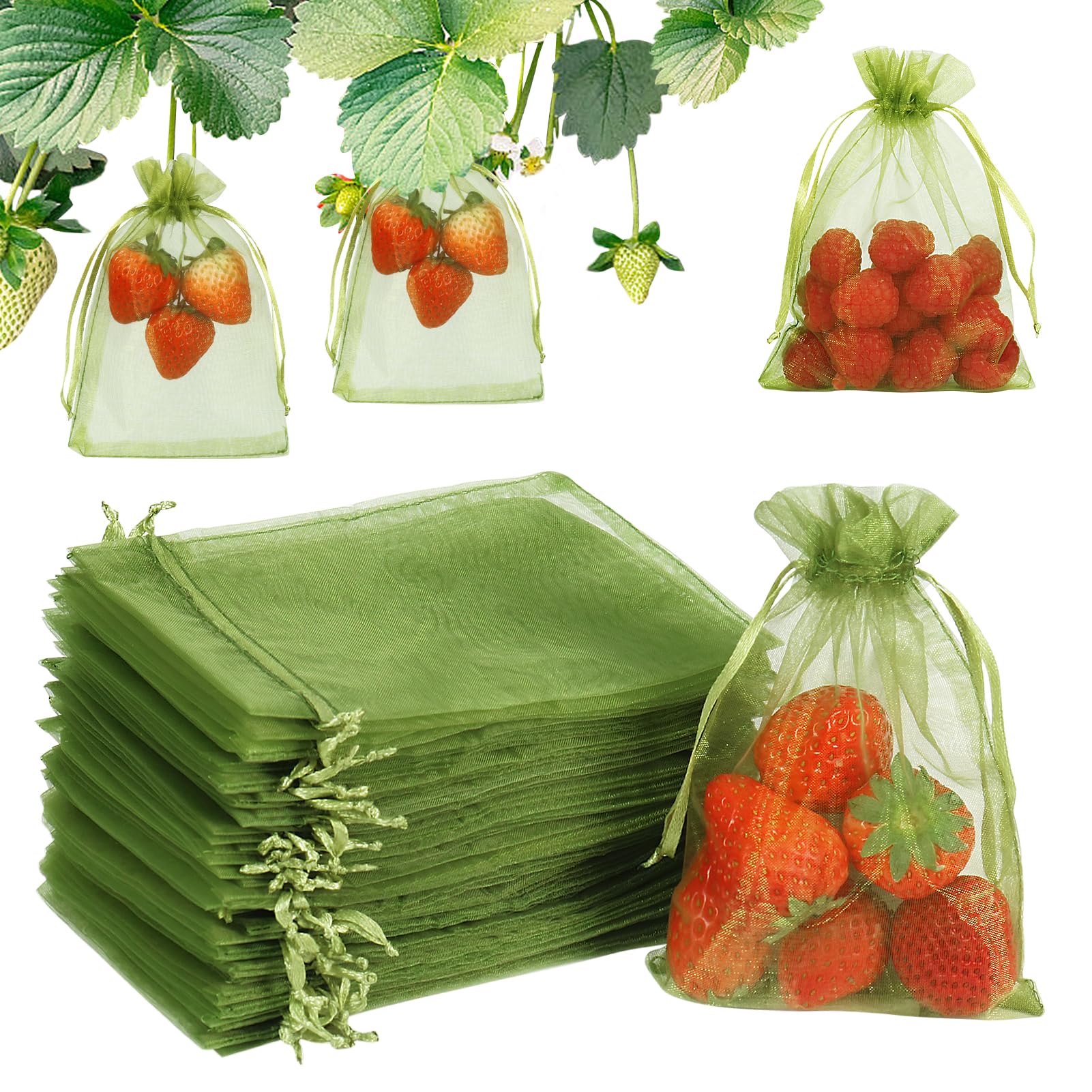 Shintop 100Pcs Fruit Protection Bags, 4x6 Inch Green Fruit Netting Cover Drawstring Mesh Bags Pest Barrier for Strawberry Blueberry Small Fruit