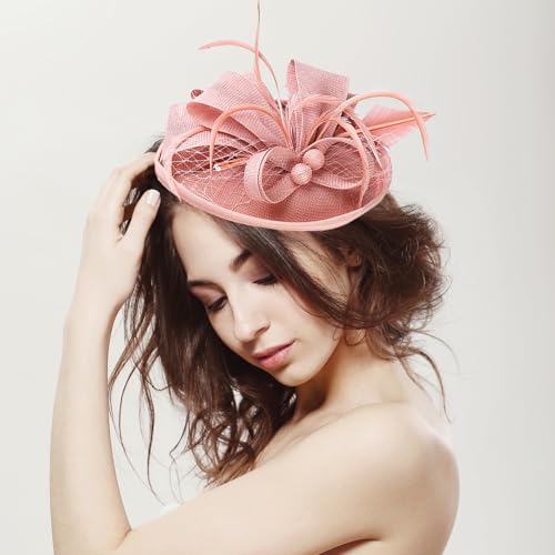 Klearsky Pink Derby Hat for Women, Fascinator Hats for Special Occasions, Lightweight Straw Church Hat with Feathers, Blush Pink, One Size