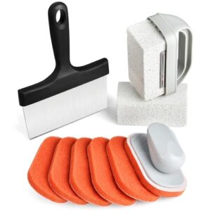 griddle cleaning kit for blackstone- heavy-duty metal scraper, 2 grill cleaning blocks, and 6 scouring pads with holder - ultimate flatop maintenance set