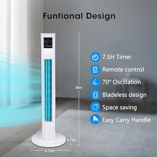 TrendGear Oscillating Tower Fan, Bladeless Fan with Remote Control, 3 Speeds, 3 Modes, 7.5 H Timer, Portable Quiet Cooling Fan, 36’’ Standing Fan for Home Office