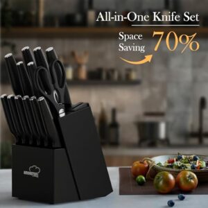 Knife Set, 15 Pieces Kitchen Knife Set with Block Built in Knife Sharpener, Dishwasher Safe, German Stainless Steel Knife Block Set, Elegant Black