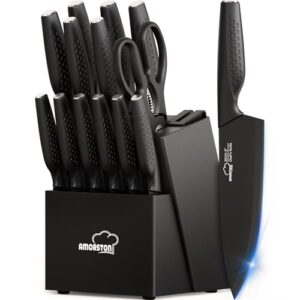 knife set, 15 pieces kitchen knife set with block built in knife sharpener, dishwasher safe, german stainless steel knife block set, elegant black