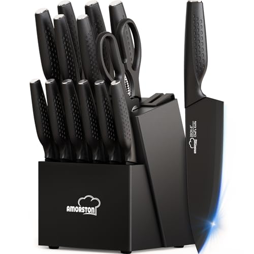 Knife Set, 15 Pieces Kitchen Knife Set with Block Built in Knife Sharpener, Dishwasher Safe, German Stainless Steel Knife Block Set, Elegant Black