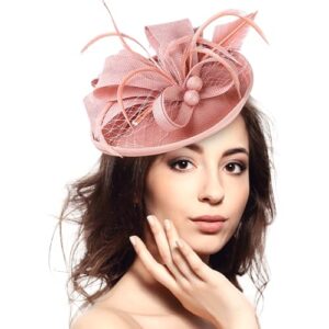 klearsky pink derby hat for women, fascinator hats for special occasions, lightweight straw church hat with feathers, blush pink, one size