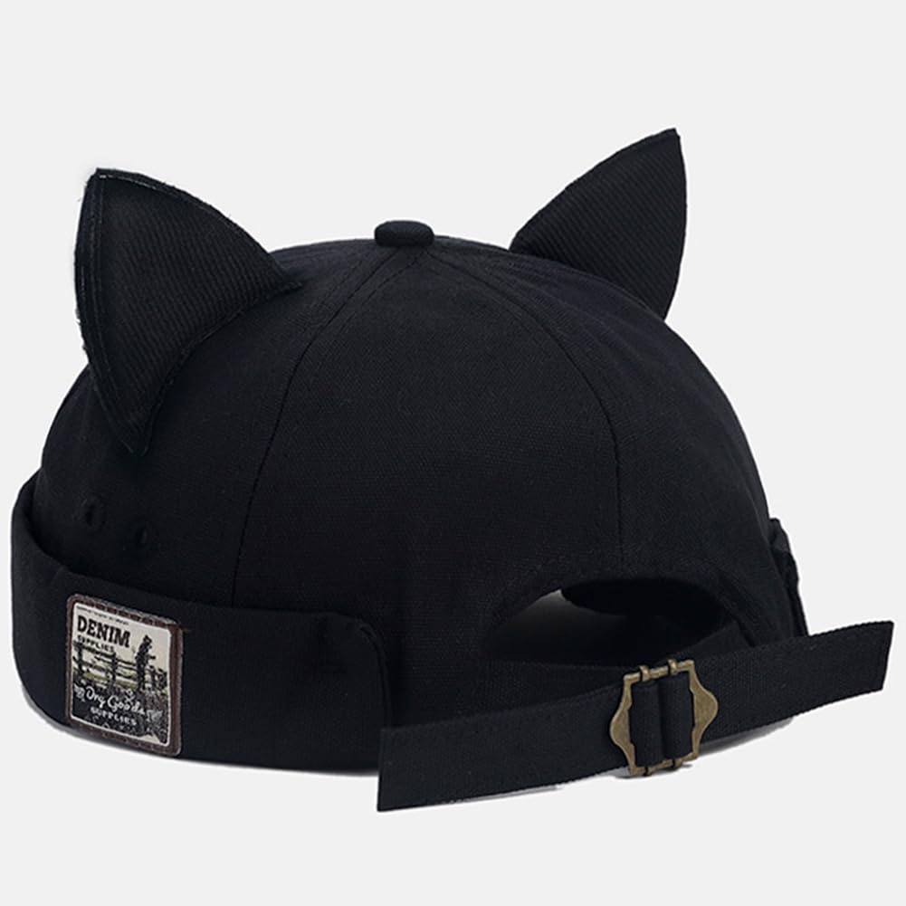 Black Cat Ear Docker Cap Brimless Hats Beanie for Women Men Skull Cap Worker Sailor Cap Rolled Cuff Retro Docker Hat