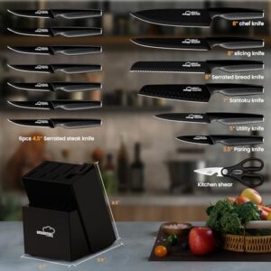 Knife Set, 15 Pieces Kitchen Knife Set with Block Built in Knife Sharpener, Dishwasher Safe, German Stainless Steel Knife Block Set, Elegant Black