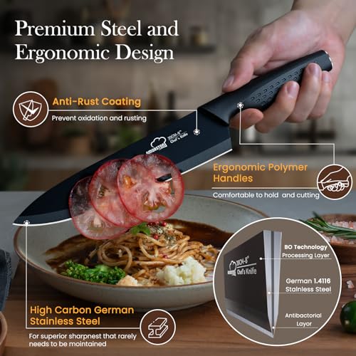 Knife Set, 15 Pieces Kitchen Knife Set with Block Built in Knife Sharpener, Dishwasher Safe, German Stainless Steel Knife Block Set, Elegant Black